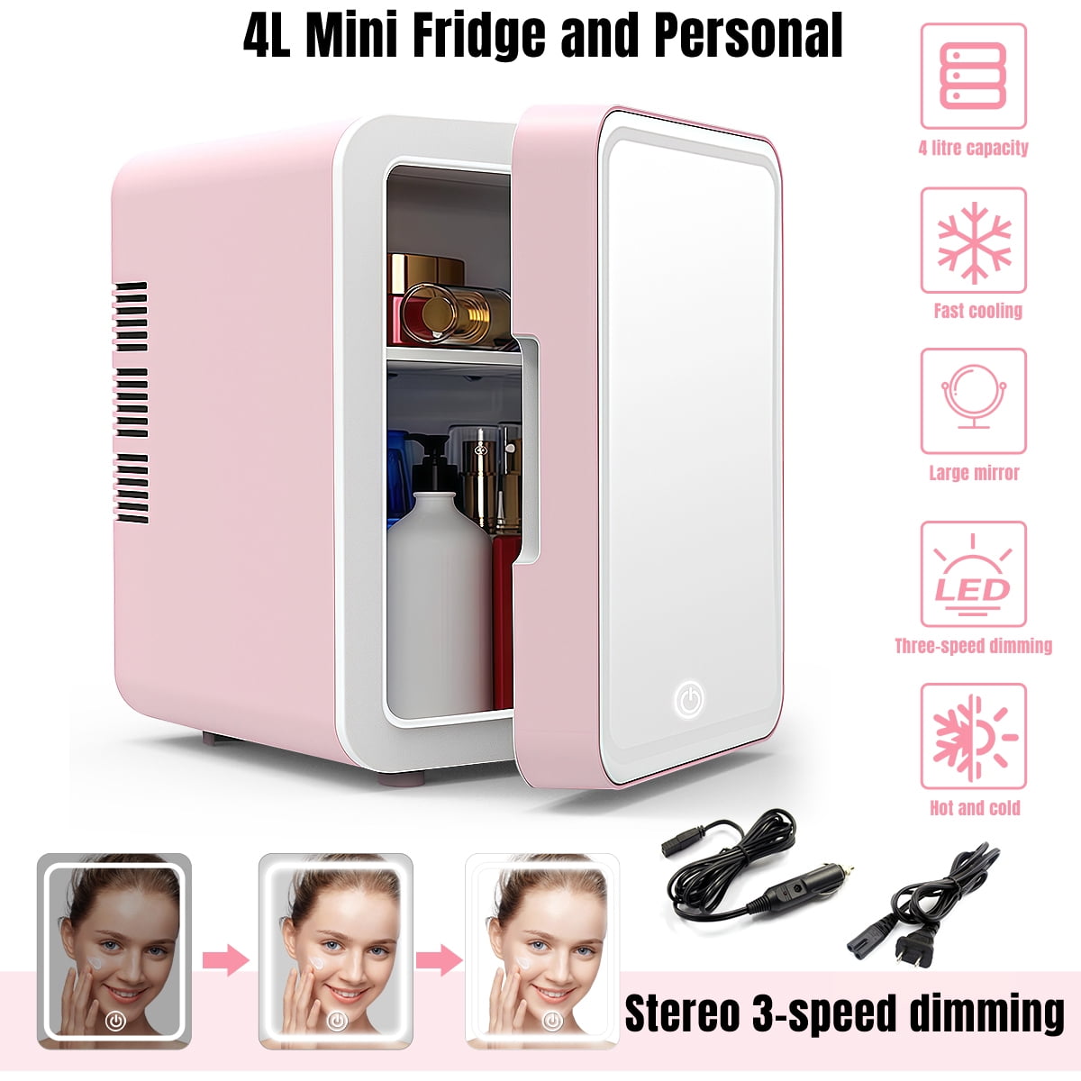 DFITO Skincare Fridge With Dimmable LED Light Mirror,4 Liter Portable ...