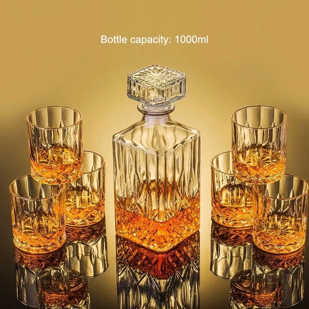 DFS 7 Pcs Crafted Crystal Glasses Whiskey Decanter & Glasses Set, Non ...