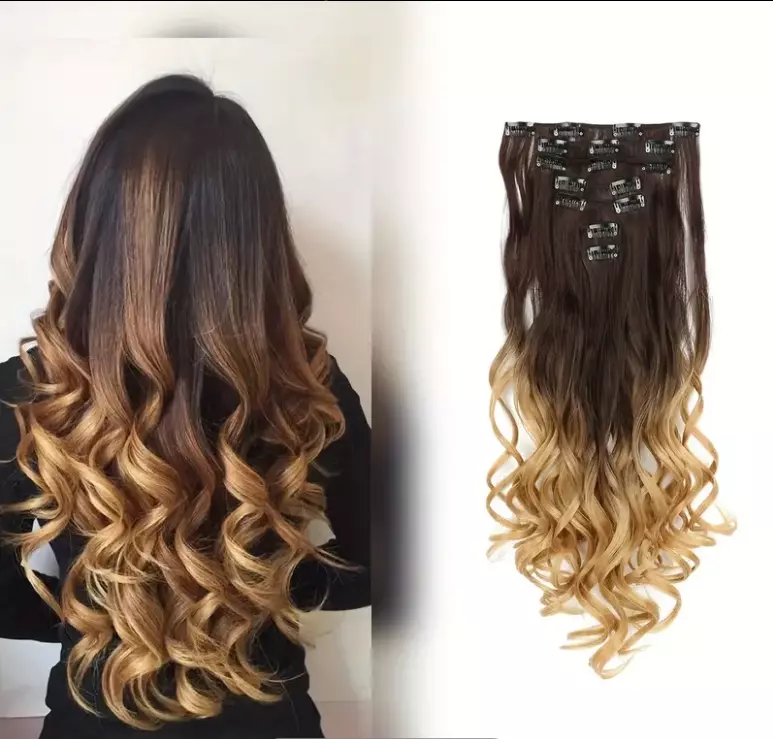 DFS 8 Pc Set Clip In Hair Extensions 22 Inch Synthetic Long Wavy Heat ...