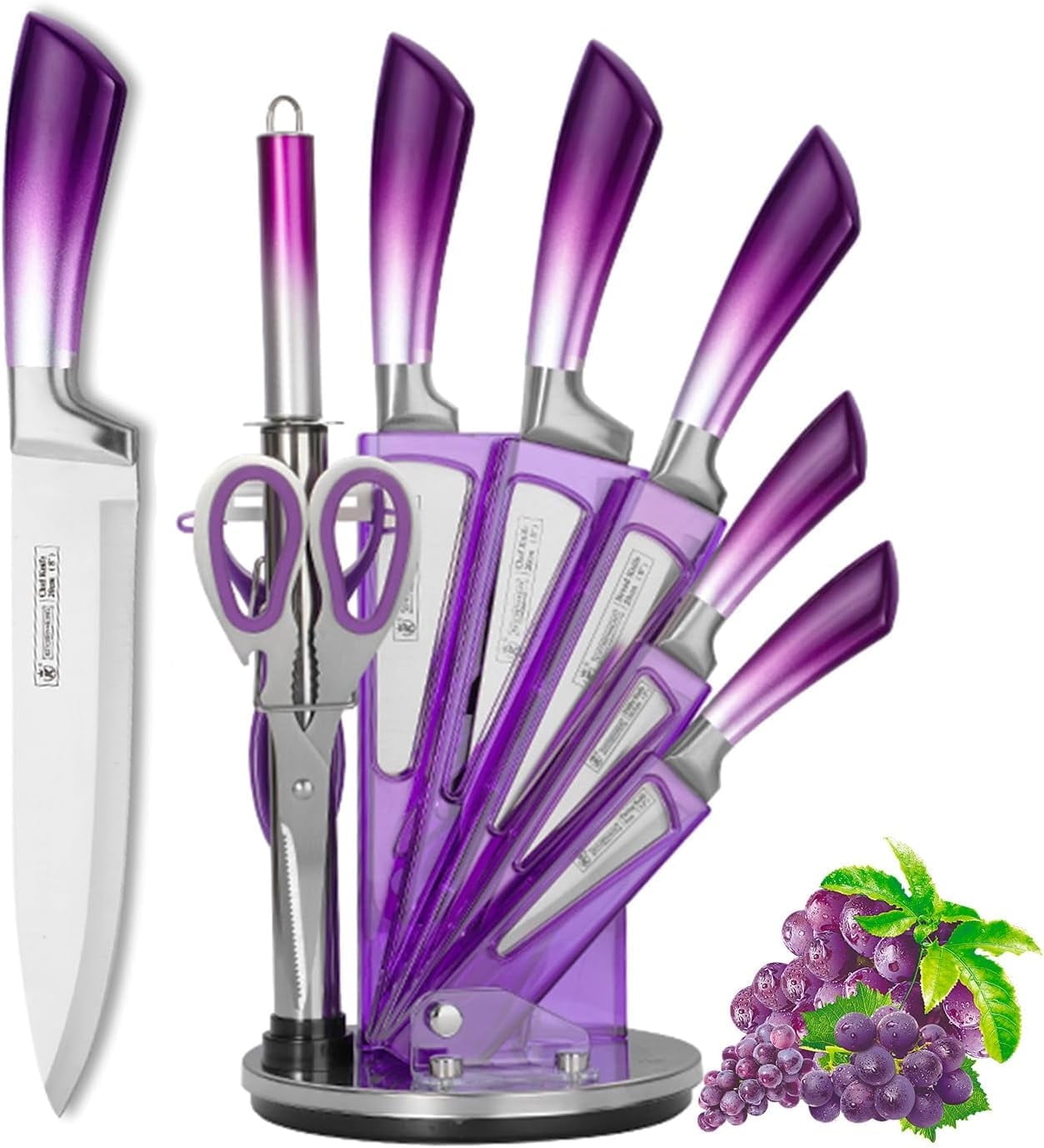 DFS 9PC Black/Purple Kitchen Knife Set w/Block+Sharpener - HC Steel Non ...