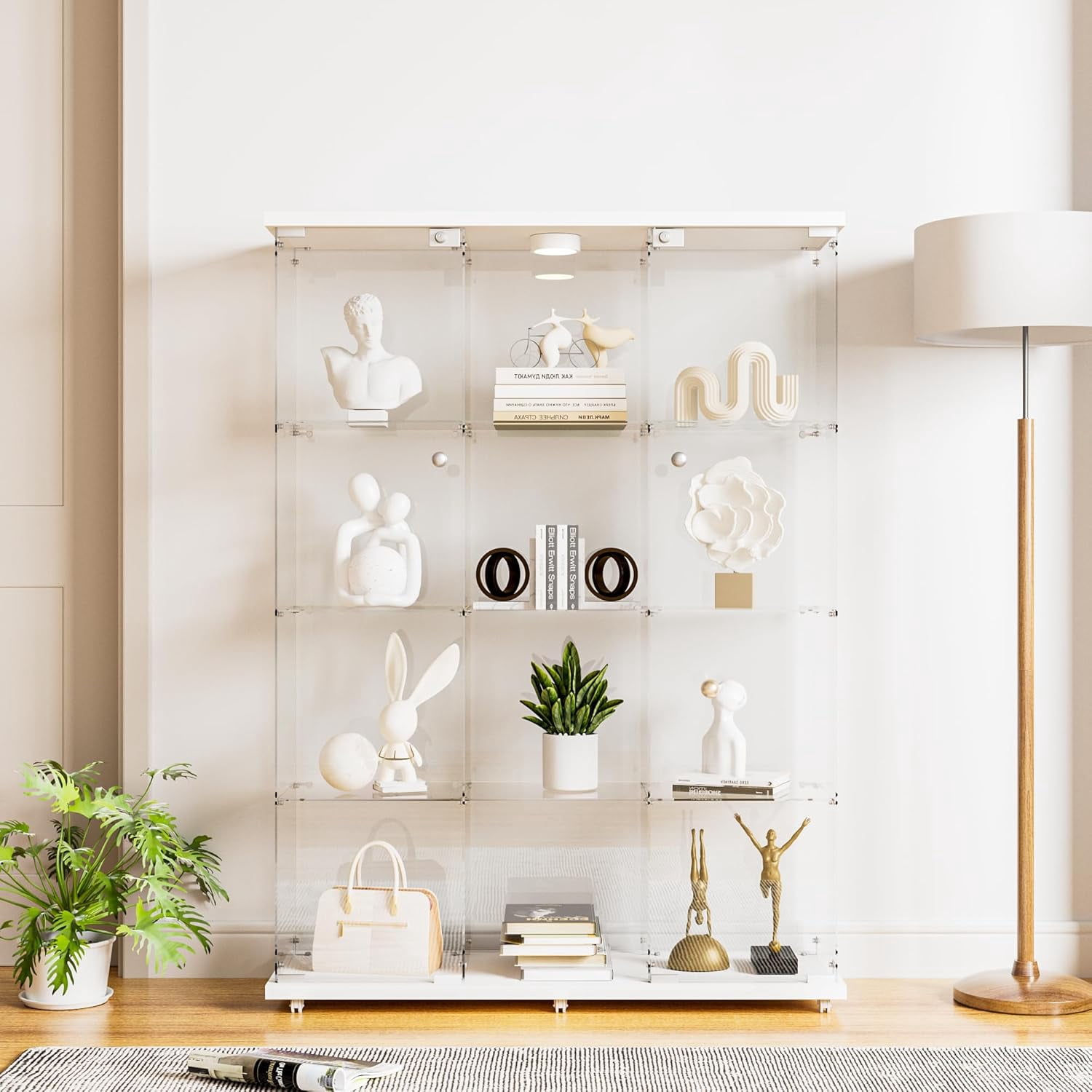 DFTFVYIBO Glass Display Cabinet 3-Shelf with Door Locking 12-Color LED ...