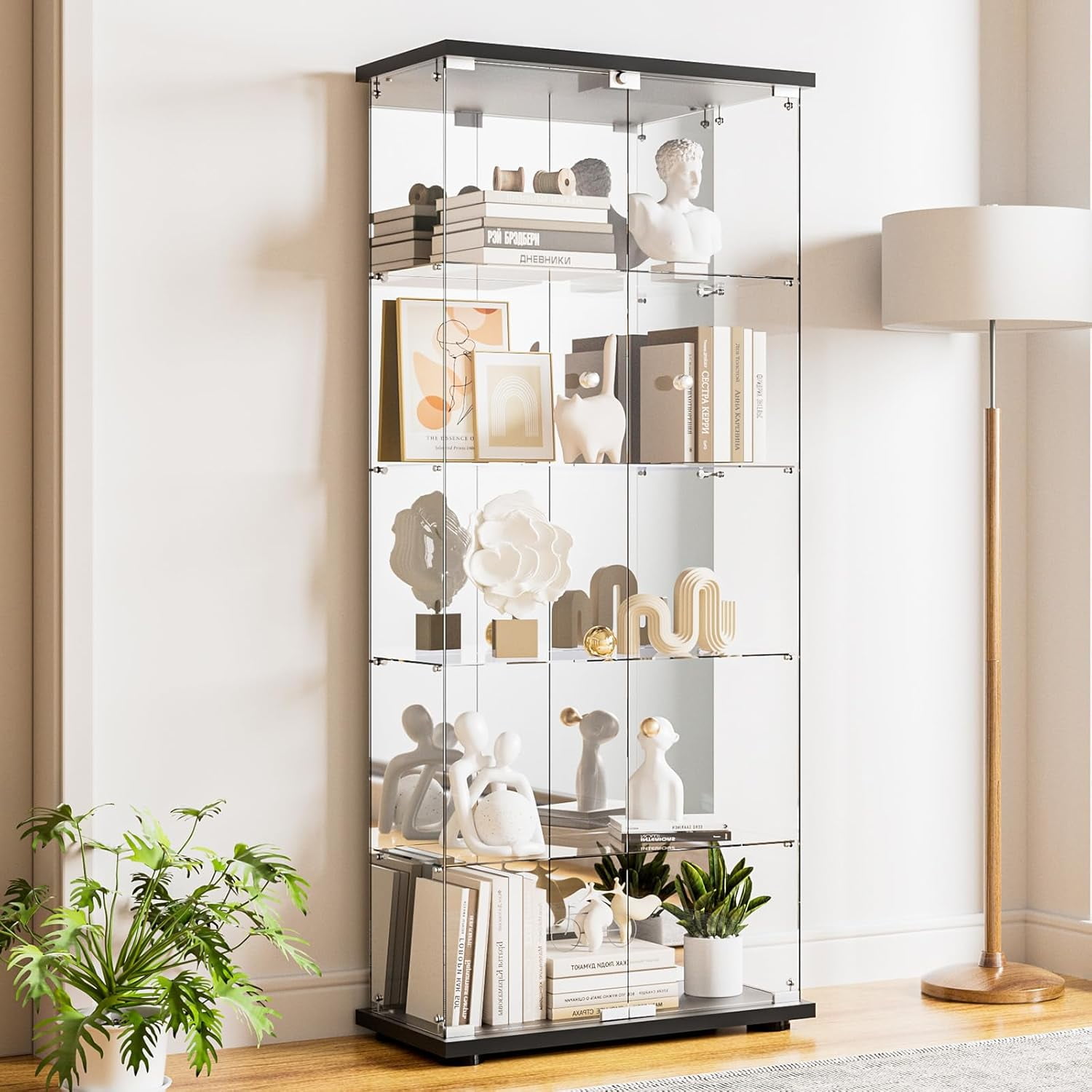 DFTFVYIBO Glass Display Cabinet 3-Shelf with Door Locking 12-Color LED ...