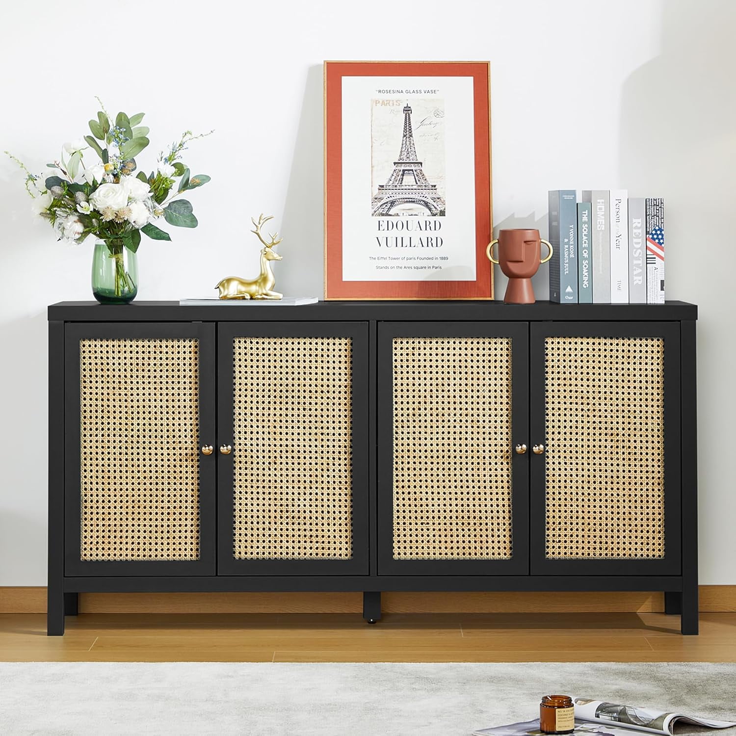 DFTFVYIBO Sideboard Buffer Cabinet Accent Storage Cabinet with 4 Rattan ...