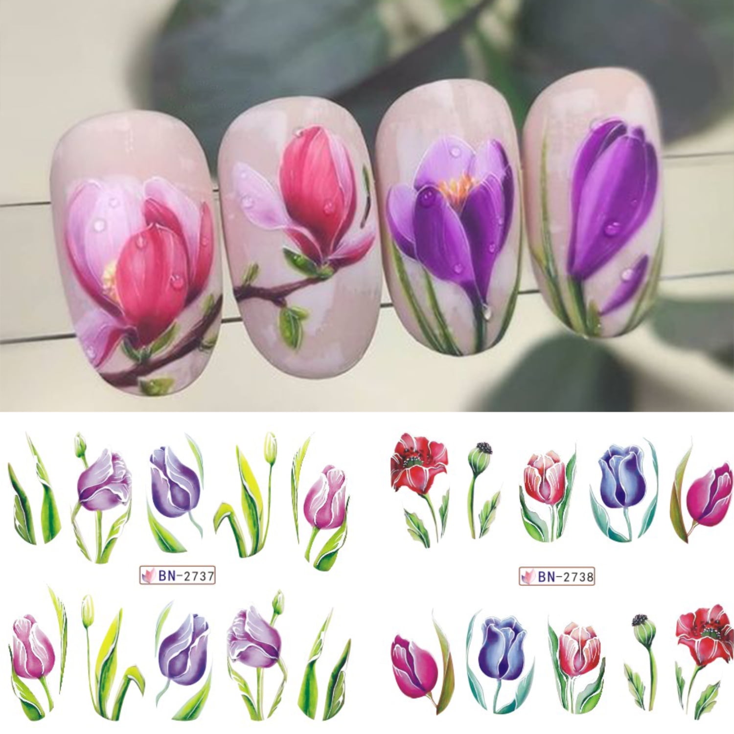 DFUDIEJ 12pcs Spring Flowers Nail Art Stickers Water Transfer Sliders ...
