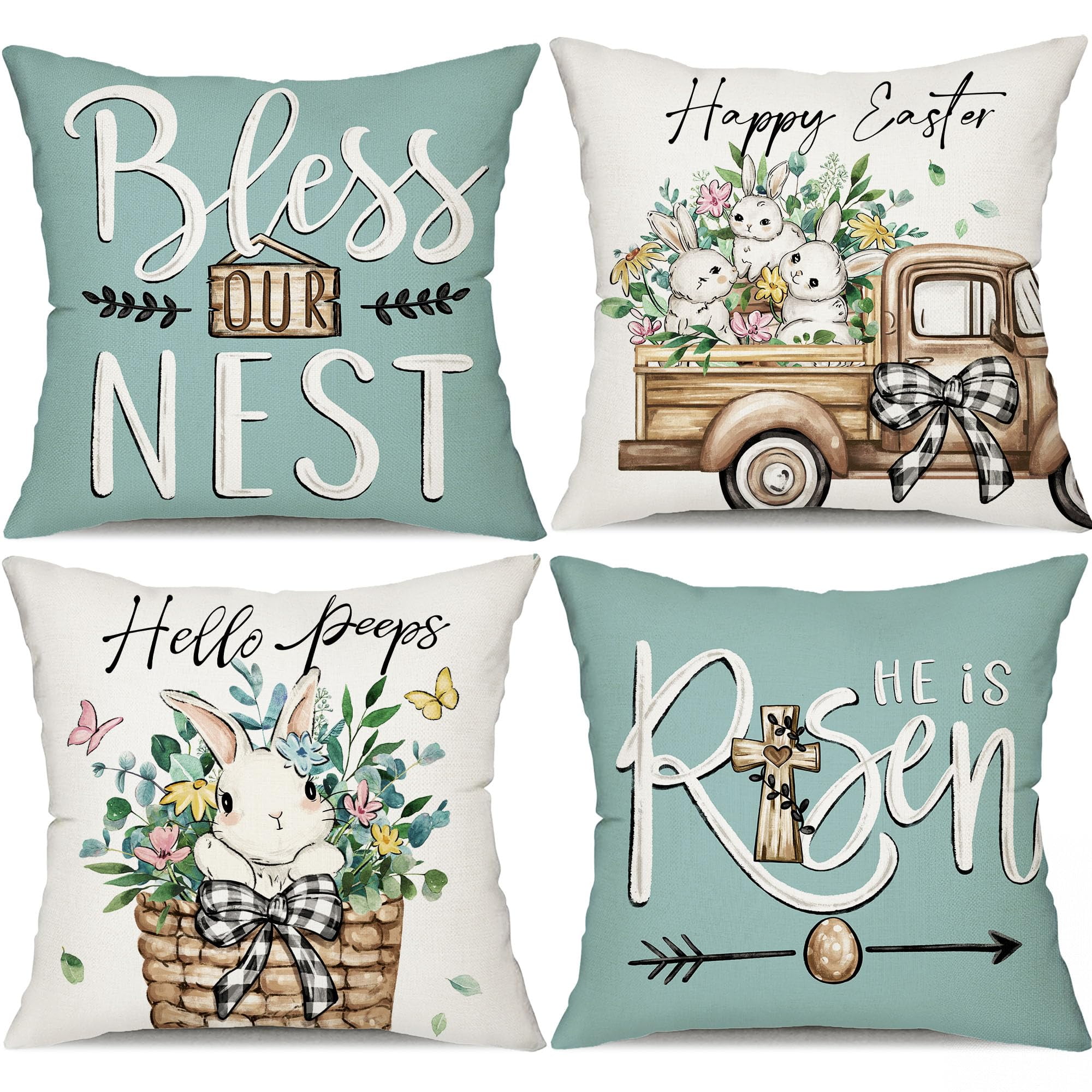 DFXSZ Easter Pillow Covers 20x20 Set of 4 Bunny Eucalyptus Leaves ...