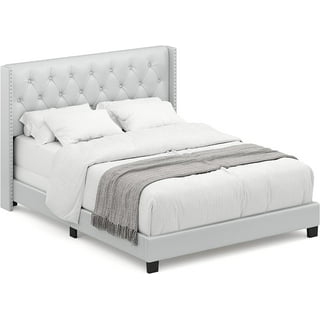 Home Bedroom Furniture Elegant Faux Leather Upholstered Panel Bed Queen ...