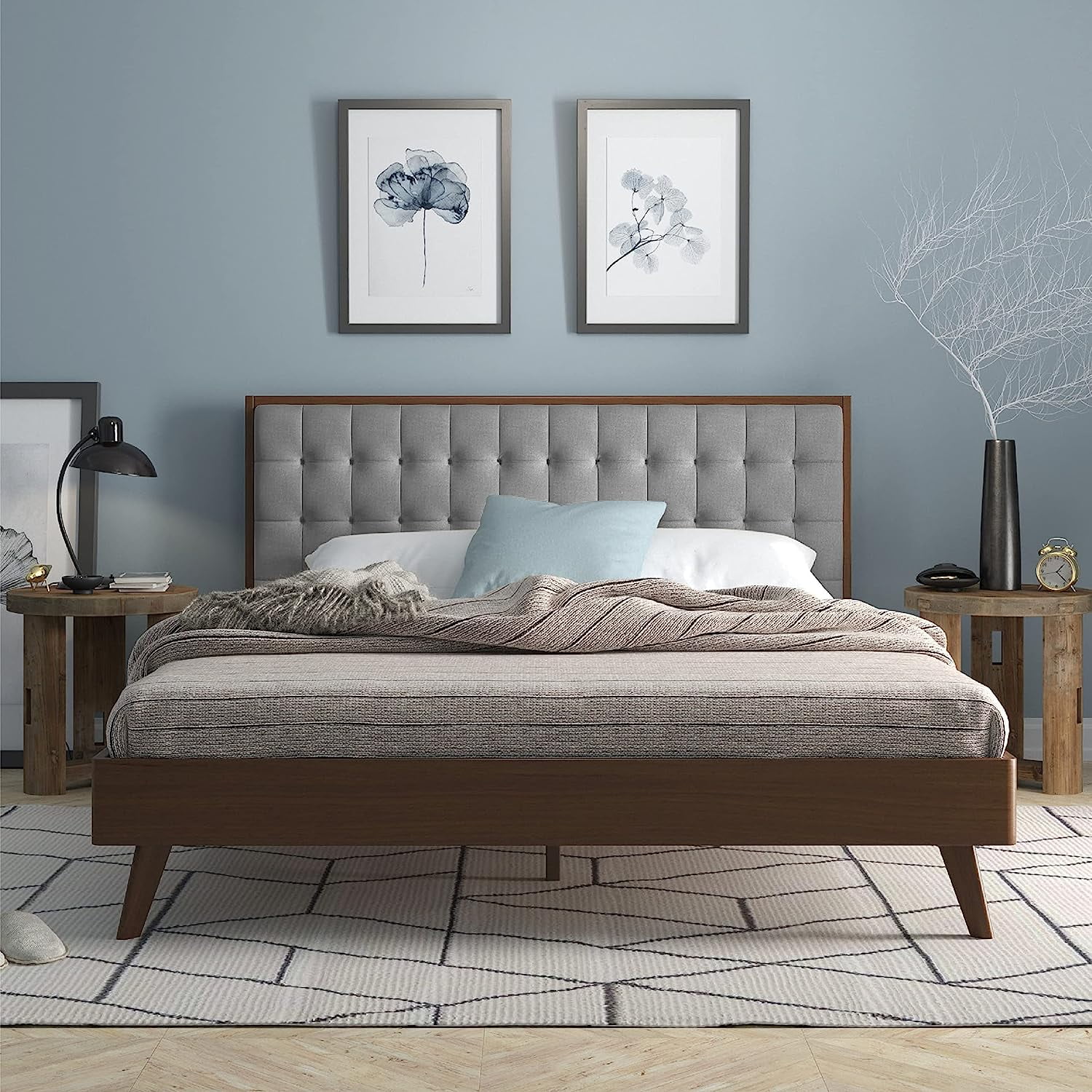 Mid Century Modern Grey Fabric Queen Size Platform Bed Frame