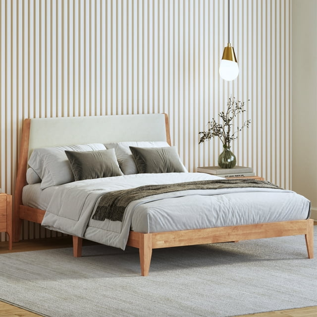 Dg Casa Queen Bed Frame Solid Wood Walnut Finish Unique Headboard