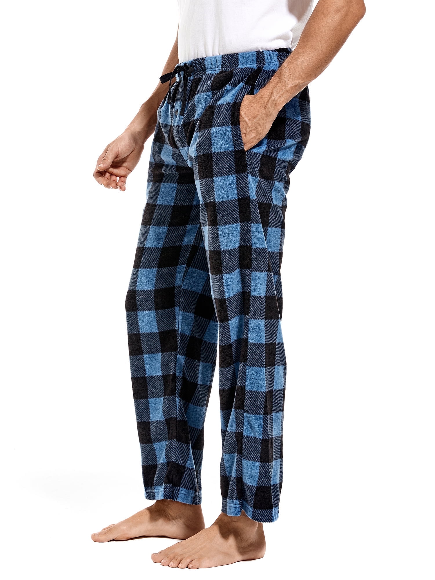 DG Hill Men's Microfleece Pajama Pants, Plaid Blue Checkered Buffalo PJ Bottoms with Pockets ...