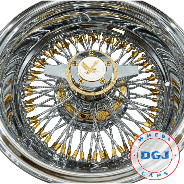 DGJ WHEELS 13x7 Rev 72 Diamond Spokes Gold Nip+Hub Ring Lowrider Wire ...
