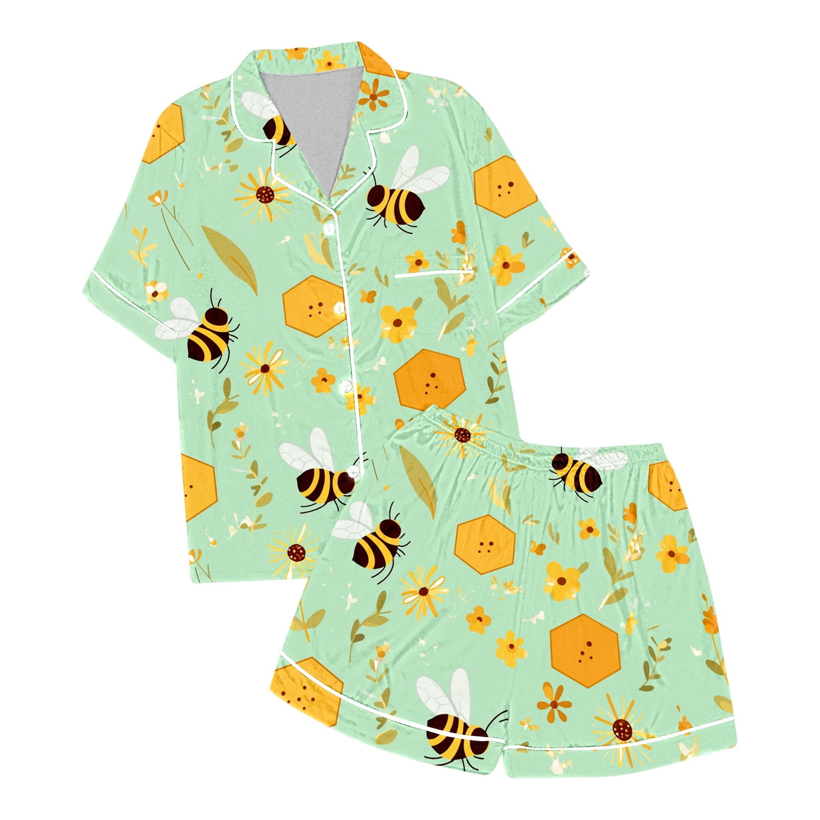 DGMIOCS Girls Paj Set Two Piece Bee Pocket Satin Homewear Lapel Pj Set ...
