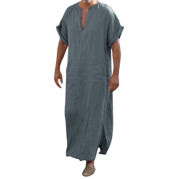 DGMIOCS Mens Short Sleeve V-Neck Linen Robe Big and Tall Robe Casual ...