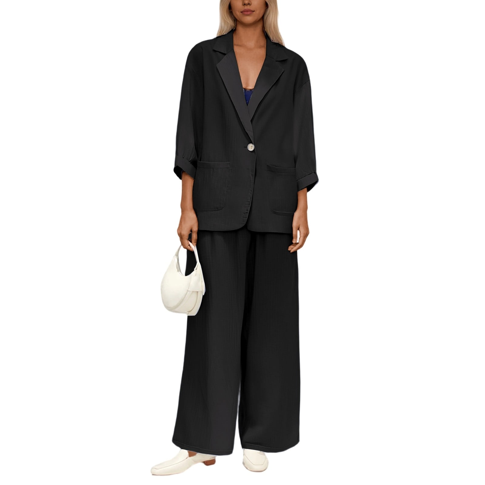 DGMIOCS Women's 2-Piece Linen Suit Textured Blazer & Drawstring Wide ...