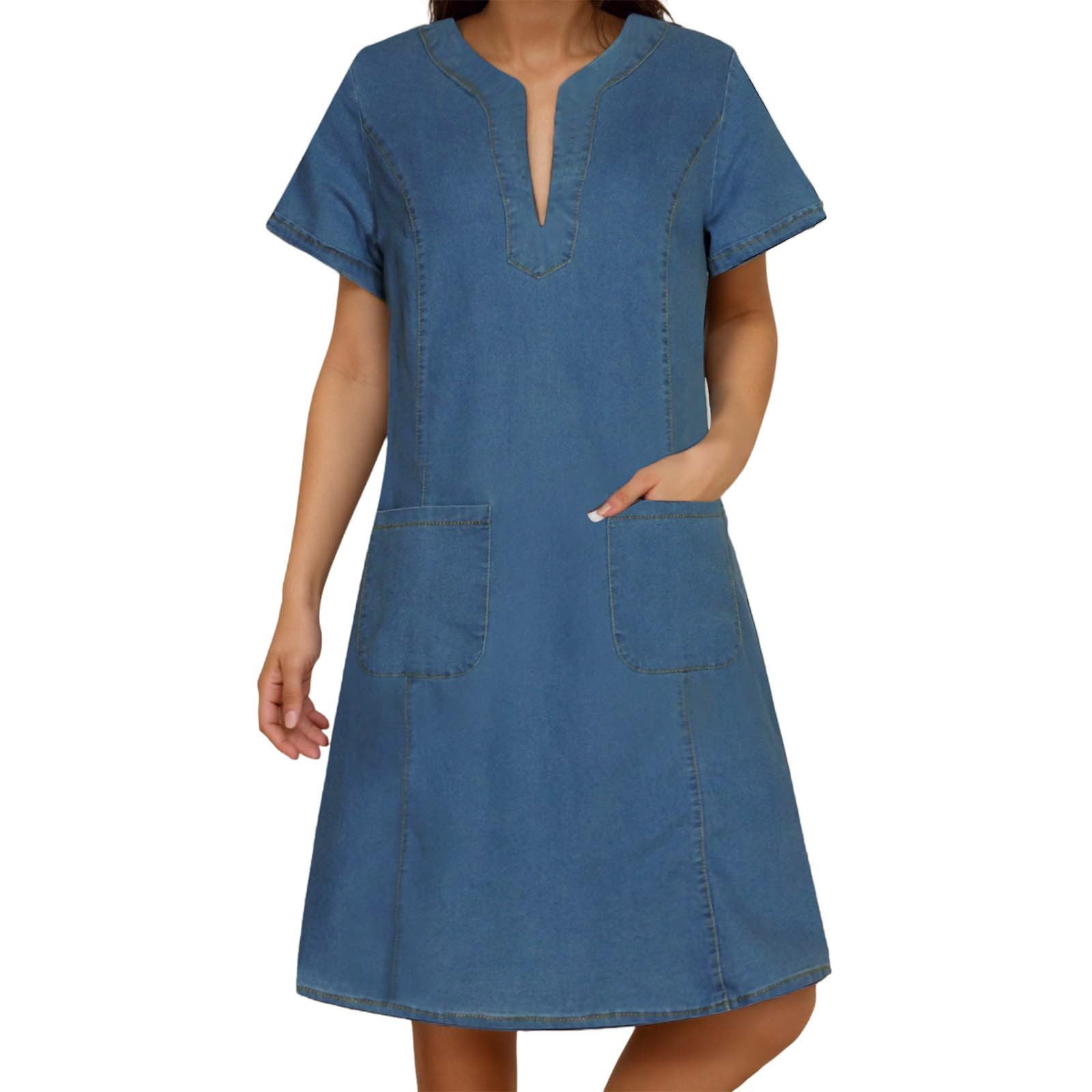DGMIOCS Women's Casual Dress V Neck Pleated Pocket Denim Dress for ...