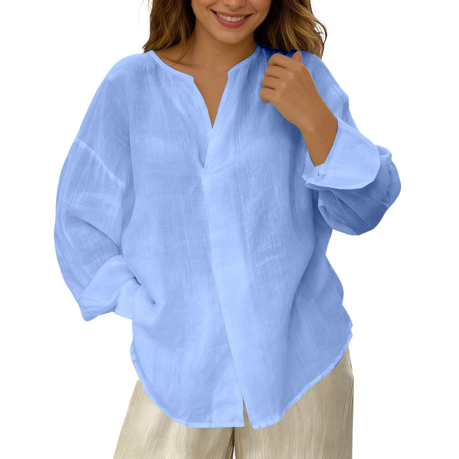 DGMIOCS Women's Linen Blend Blouse - Split Neck Oversized Long Sleeve ...