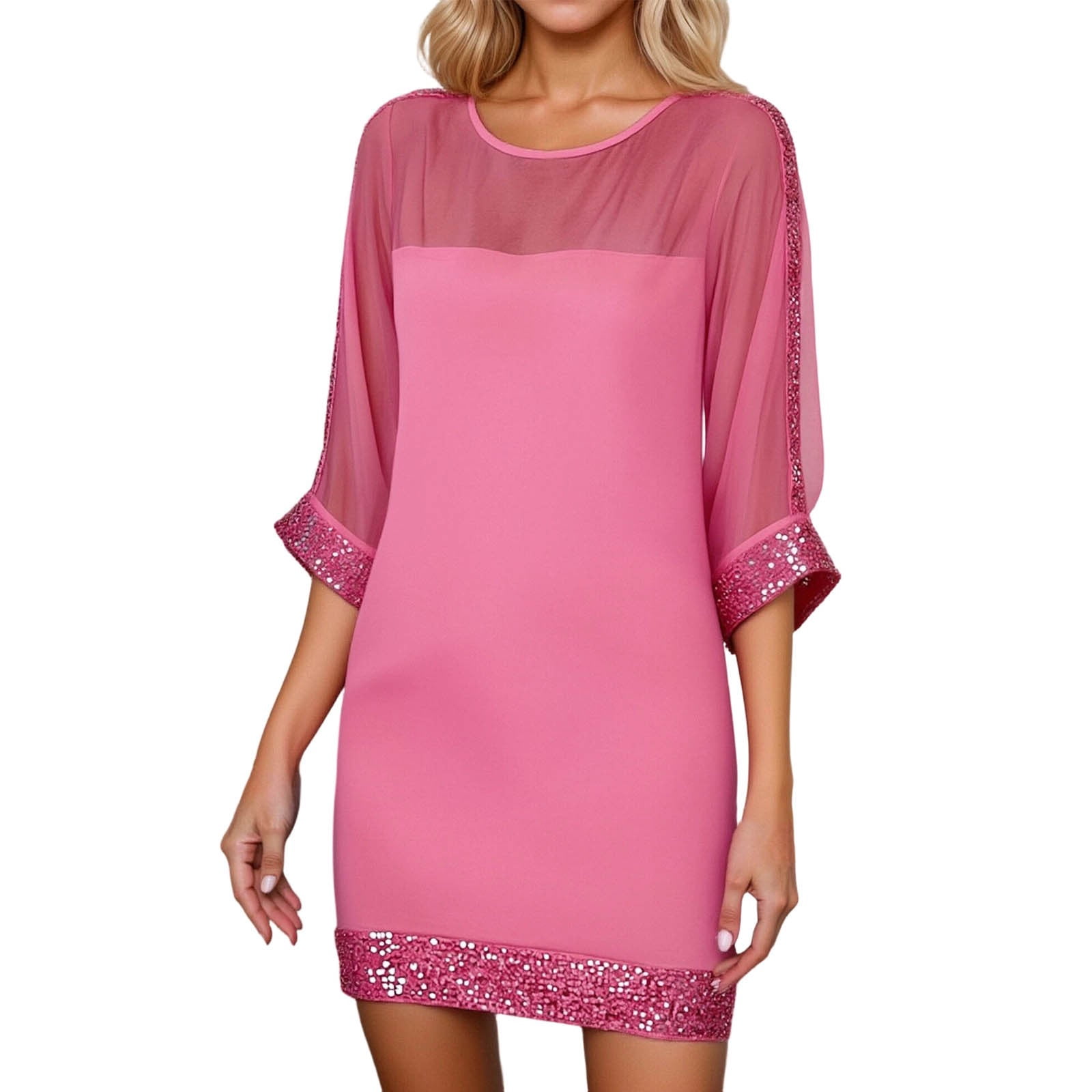 DGMIOCS Women's Patchwork Netting Sequins Round Neck Fit Dress for ...