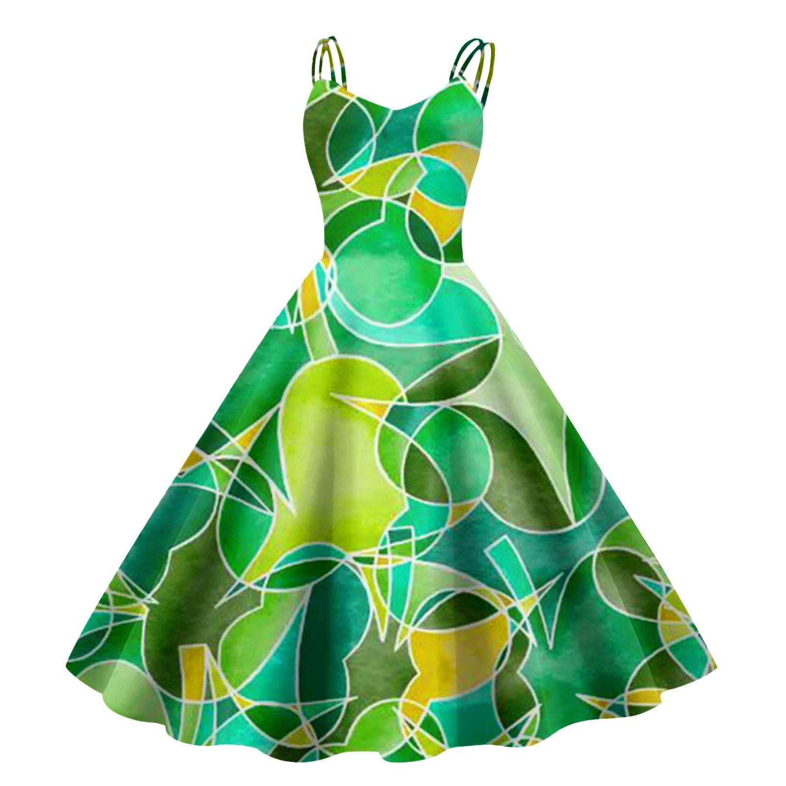 DGMIOCS Women's Sleeveless Clover Print Swing Dress St. Patrick's Day ...