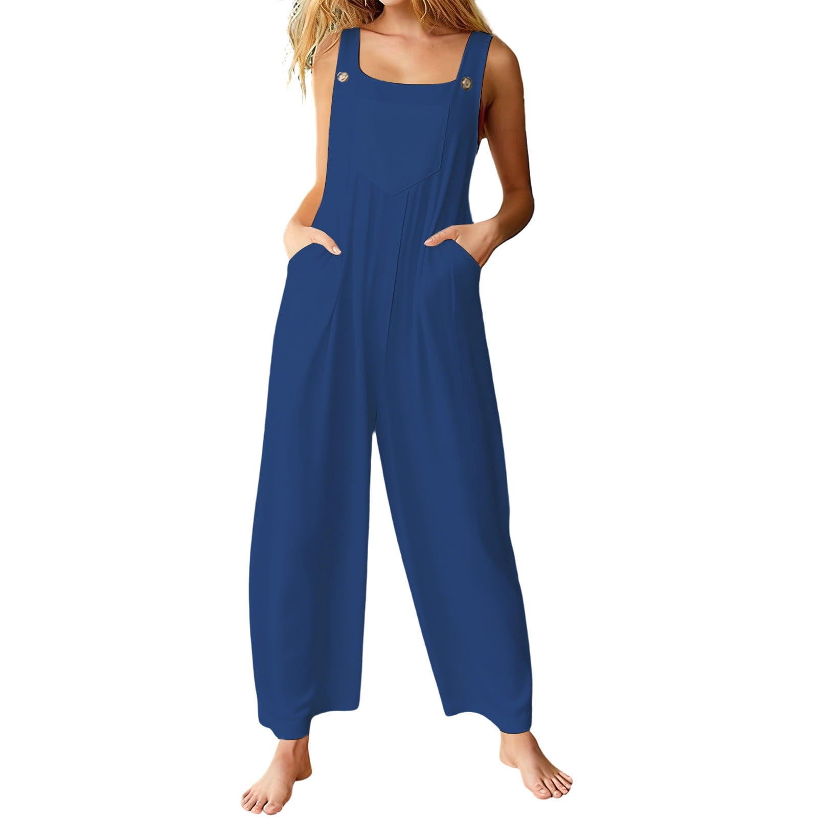 DGMIOCS Women's Solid Color Sleeveless Wide Leg Overalls with Pockets ...
