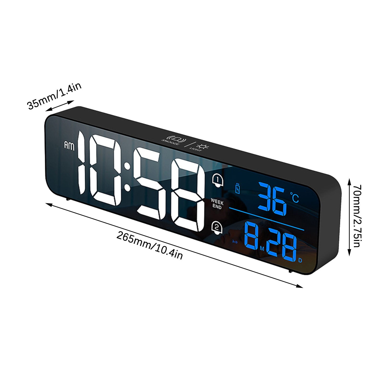 DGOO Digital Mirror Alarm Clock, Extra Long Bedside Table Desk Alarm ...