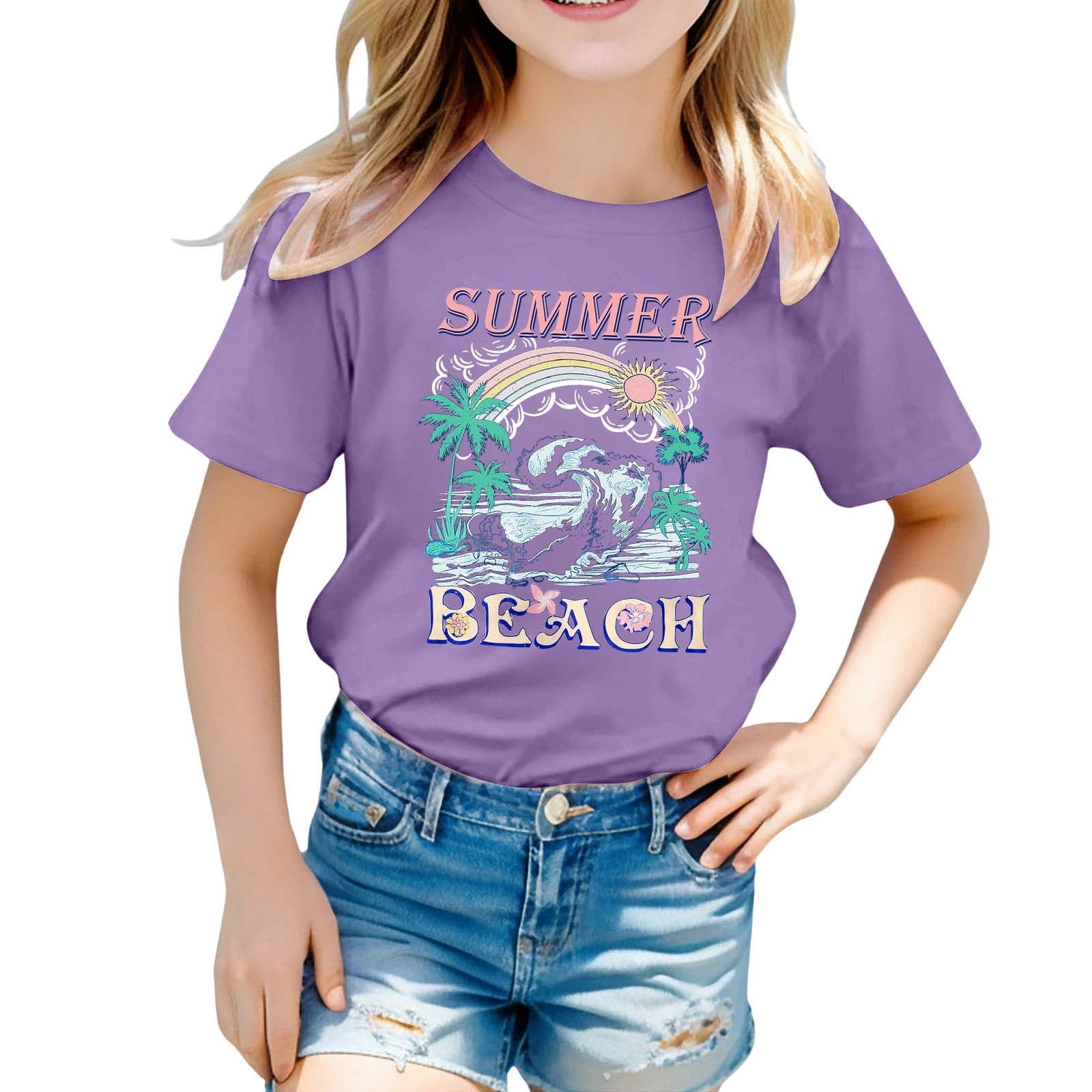 DGQPLPD Girls Floral Tops Girls Fashion Print Loose Fit Casual Short ...