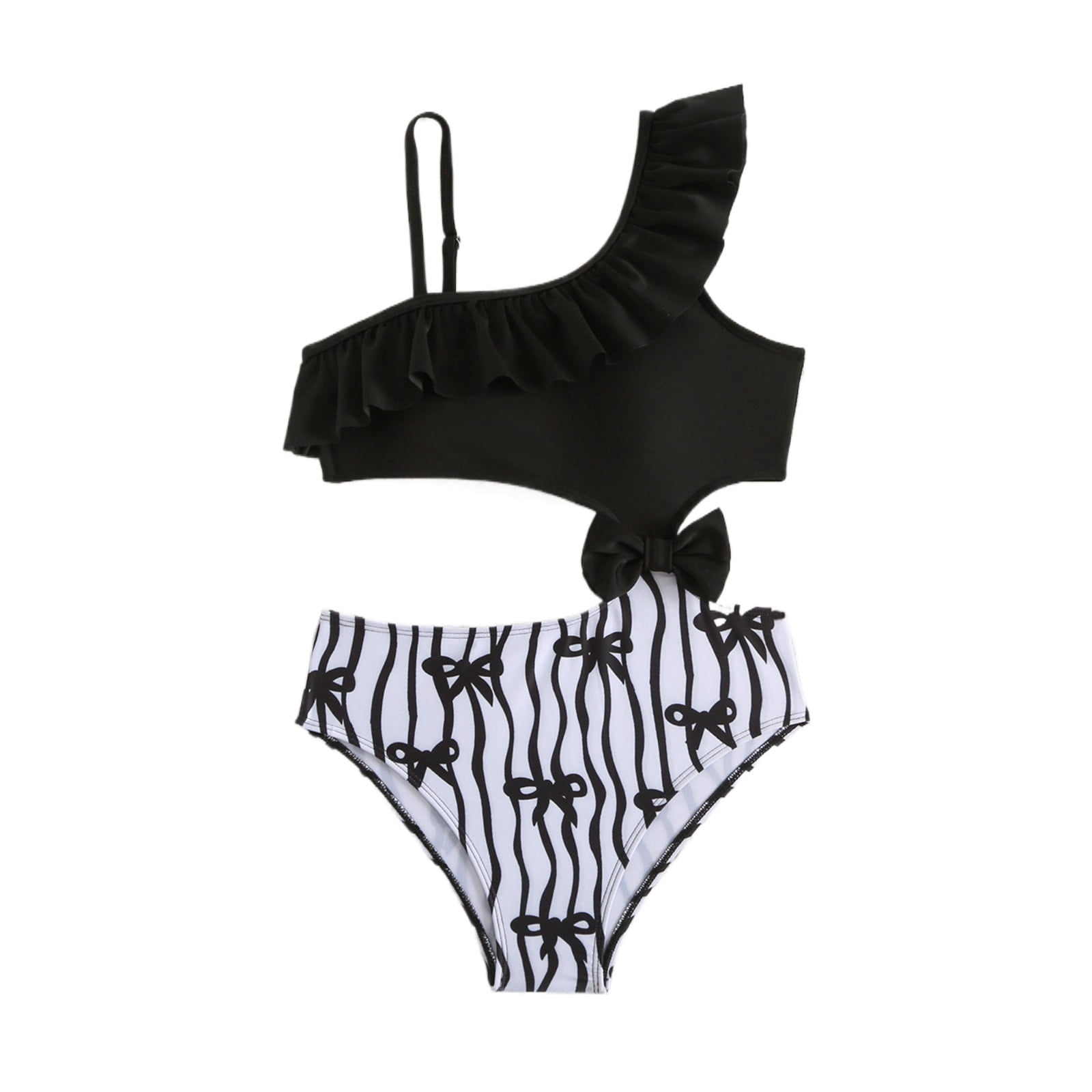 DGQPLPD Girls One Piece Swimsuit Asymmetric Striped Straps Swimsuit ...