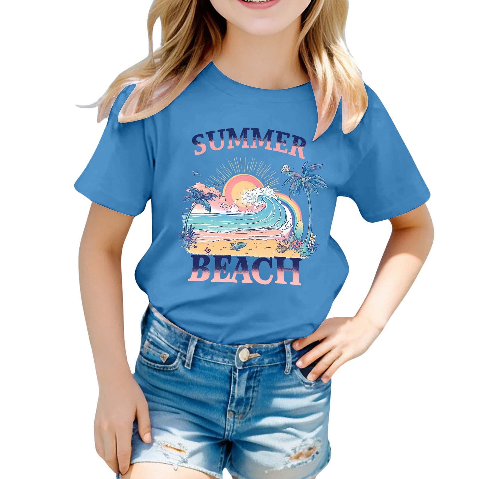 DGQPLPD Girls Plain Tops Girls Fashion Print Loose Fit Casual Short ...