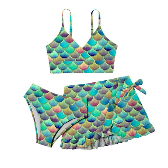 DGQPLPD Girls Swimwear Scale Print Swimwear Set For Girls 3 Piece Kids ...