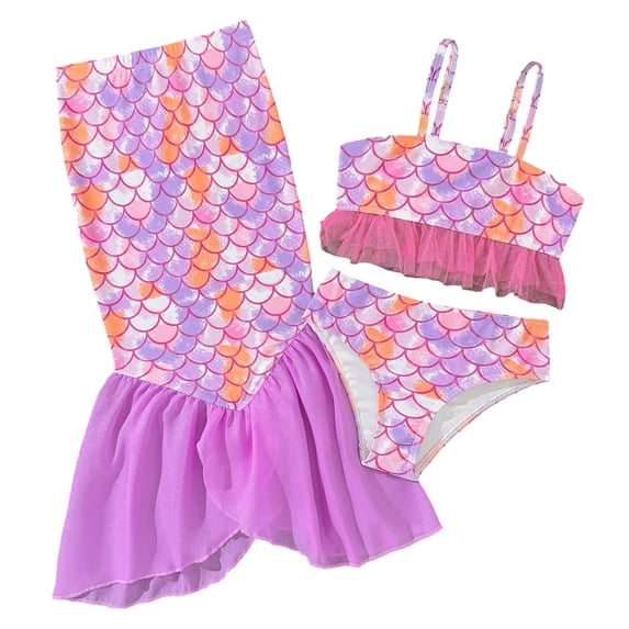 DGQPLPD Little Girl Swim Dresses Summer Printed Ruffles Three Piece ...