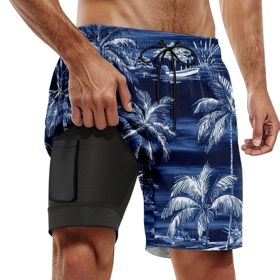 DGQPLPD Men's Board Shorts Summer Casual Beach Double Layer Pants Blue ...