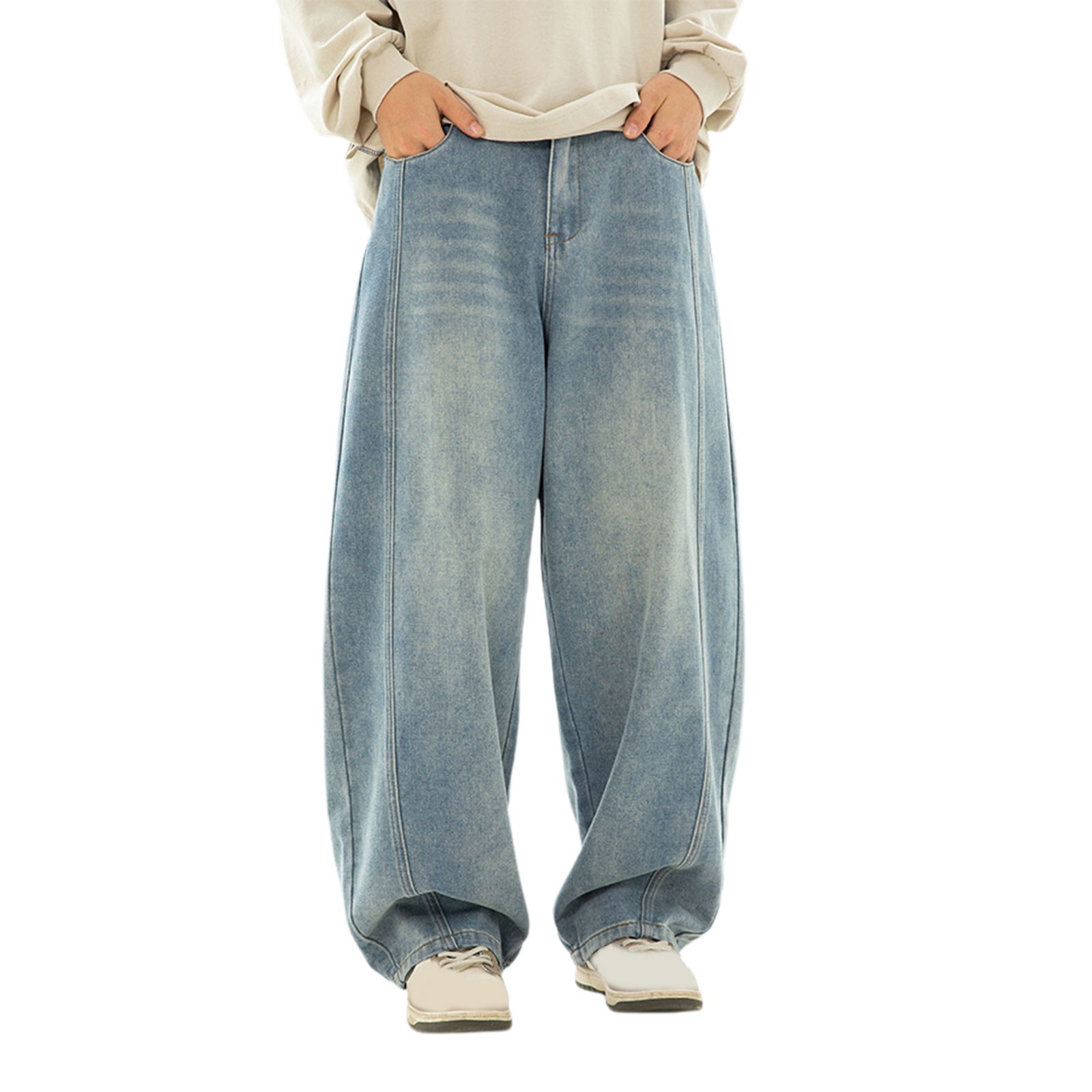 DGQPLPD Men's Casual Denim Pants with Old Wash and Split Splice Design ...