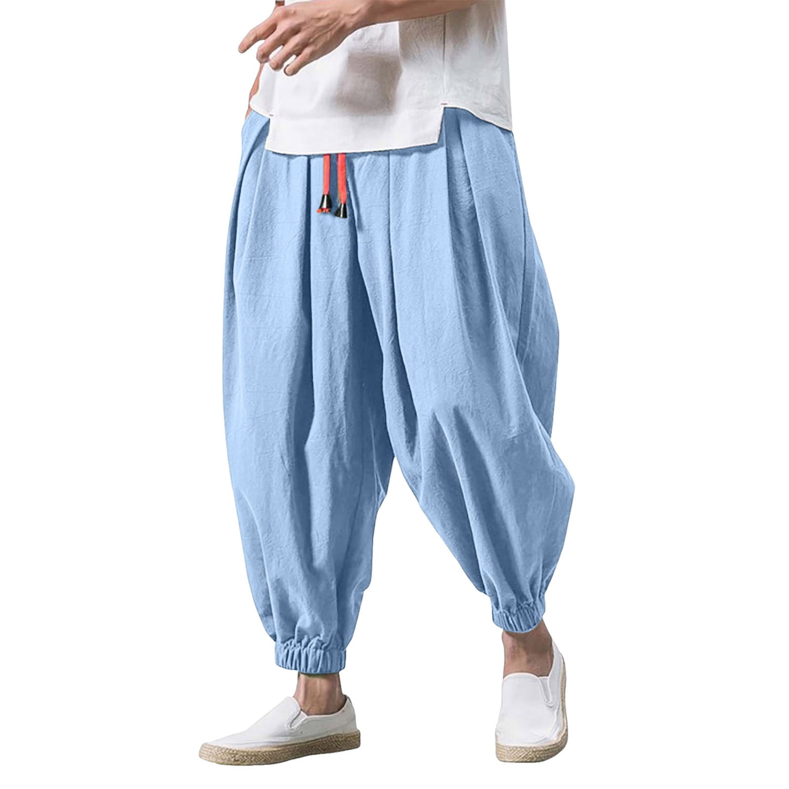 DGQPLPD Men's Casual Pants - Loose Fit Wide Leg Elastic Waist Solid ...