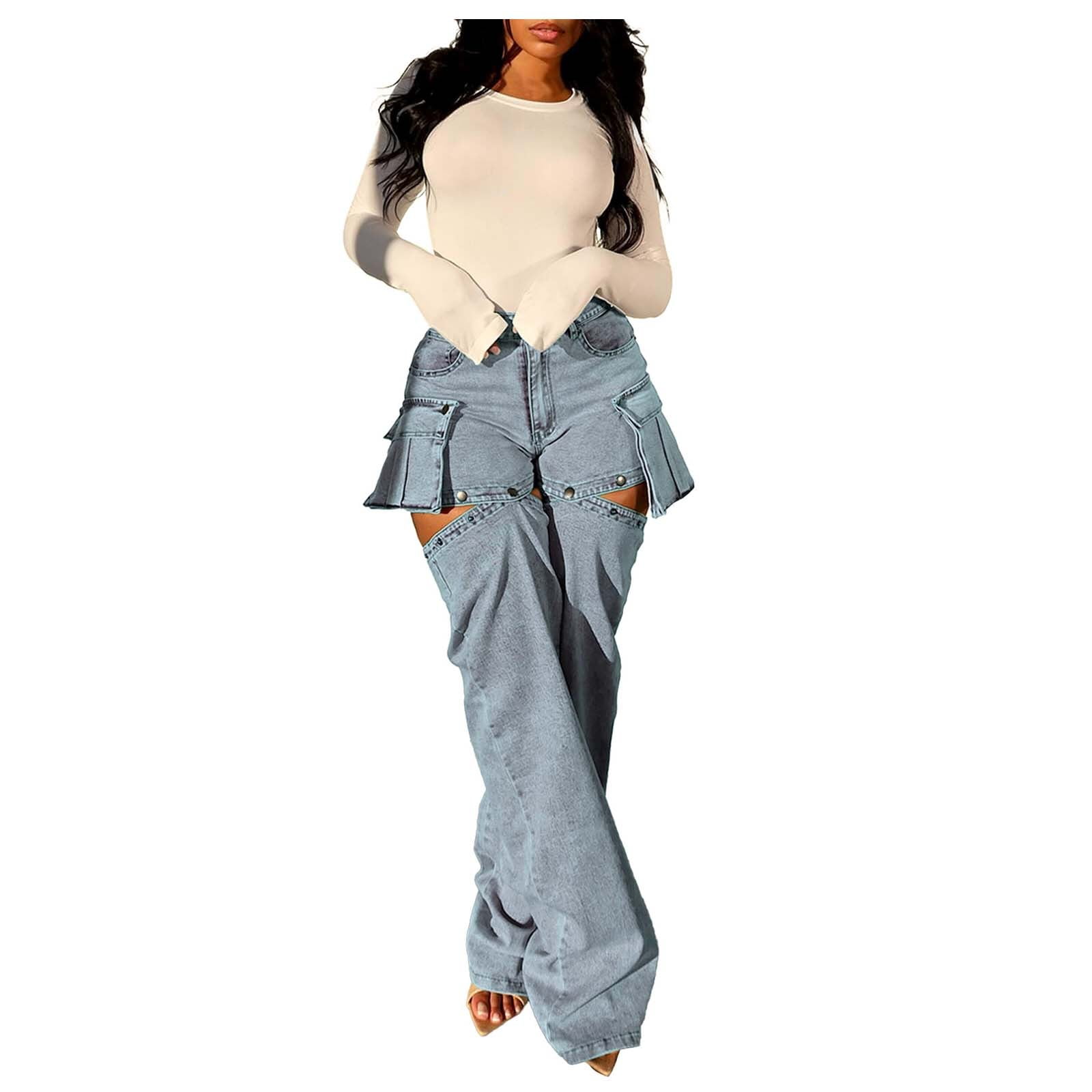 DGQPLPD Women's Convertible Denim Bottoms Detachable Pocket Shorts and ...