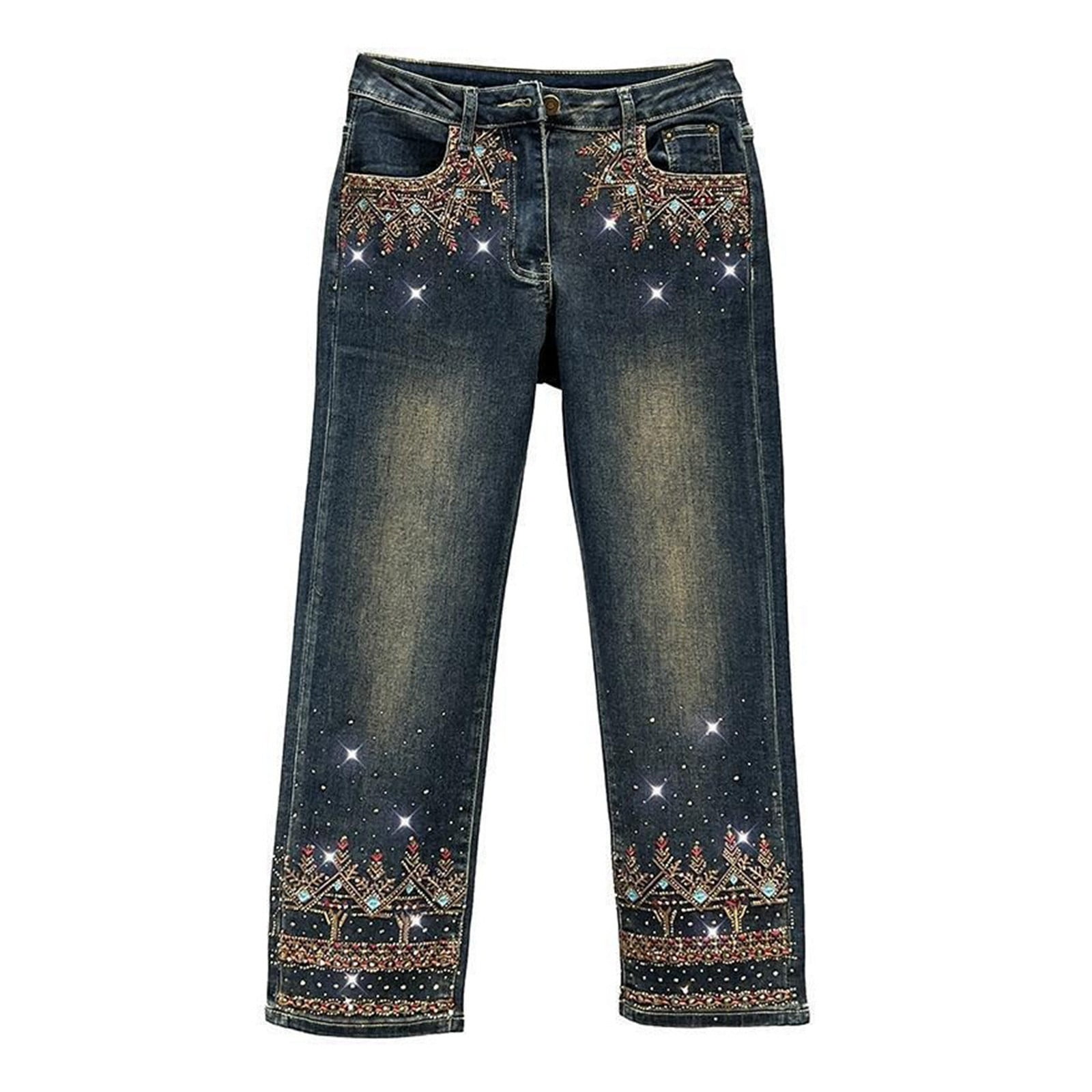 DGQPLPD Women's Em_bellished Rhinestone Denim Capris - Decorative Spa ...