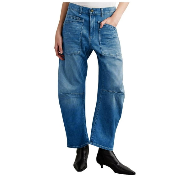 DGQPLPD Women's Jeans - Retro Deconstruction Patch Pocket Washed High ...