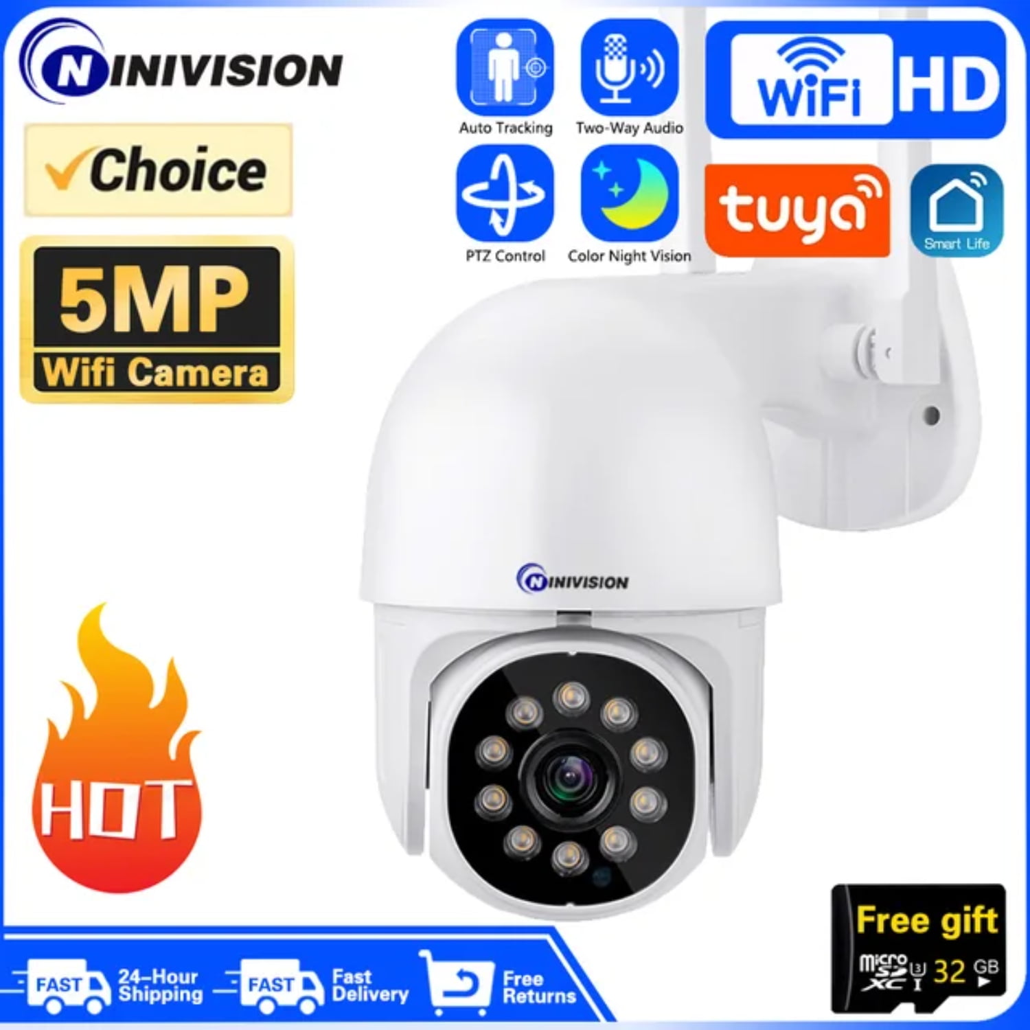 DGSDDK 5MP Full Color Night Vision PTZ WIFI Camera with Human Auto ...