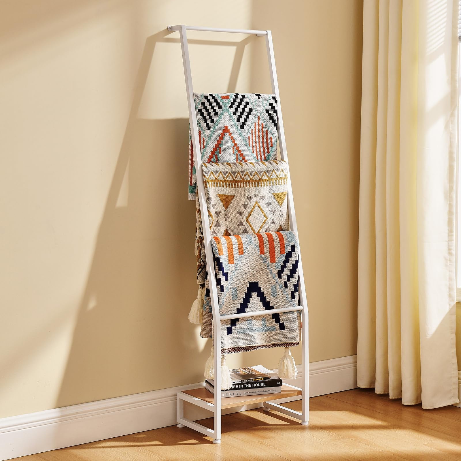 DGWJSU Blanket Ladder, 5 Tier Ladder Shelf,Wooden Blanket Ladders for ...