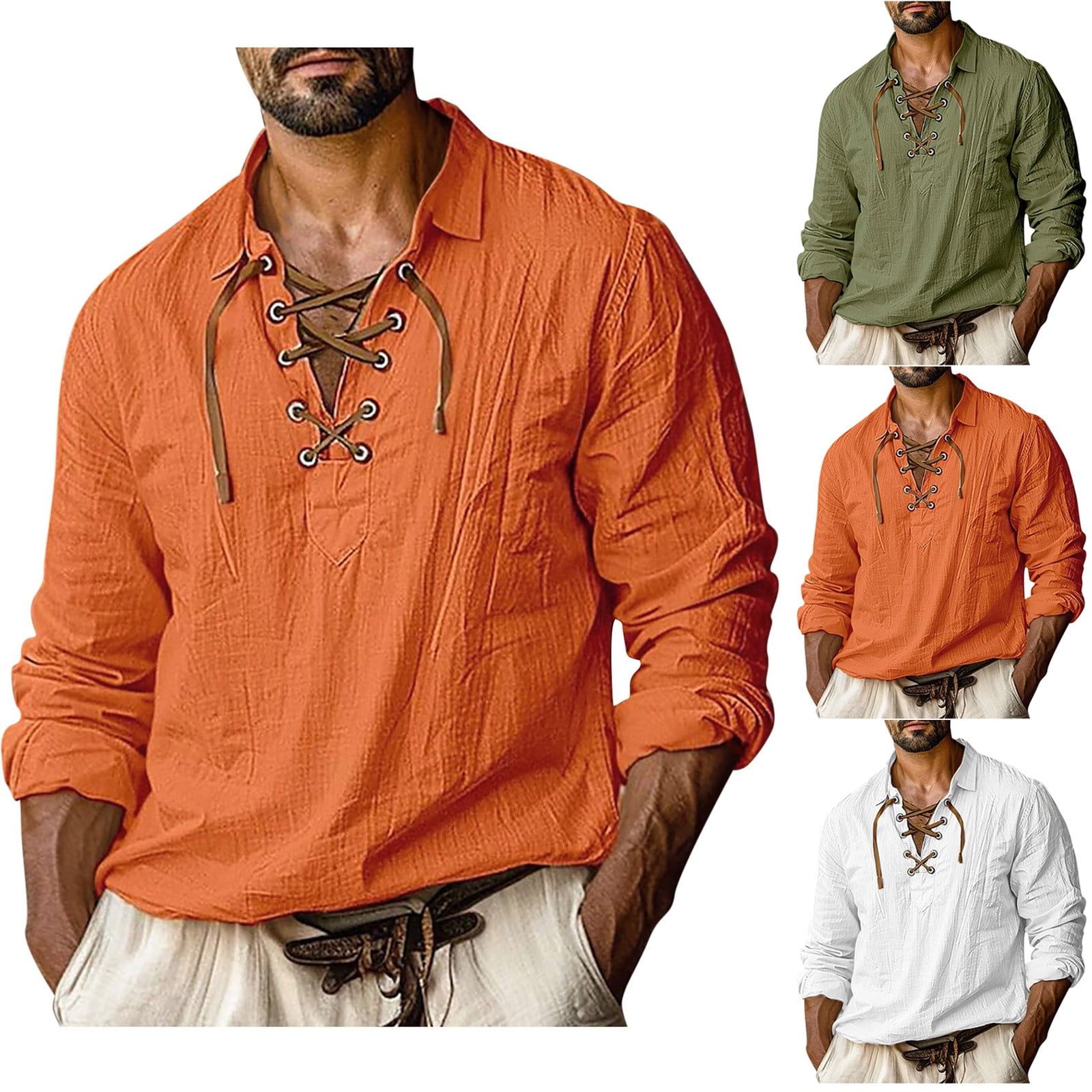 DGXTA Men's Cotton Linen Shirt Retro Lace Up Drawstring Shirts ...