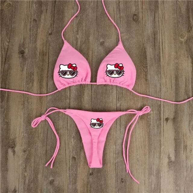 Dh 2pcs Hello Kitty Bikini Anime Kuromi Y2k Girls Sexy Hanging Neck Tie Swimsuit Ladies
