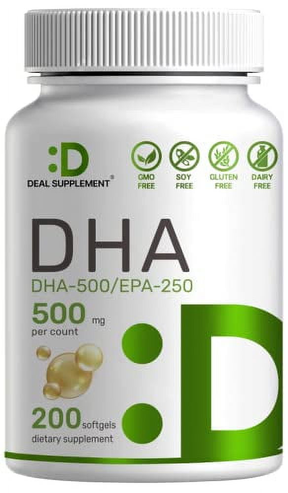 DHA Supplements - DHA 500mg, EPA 250mg, 200 Softgels, Burpless | Omega-3s 1000mg, Support Brain ...