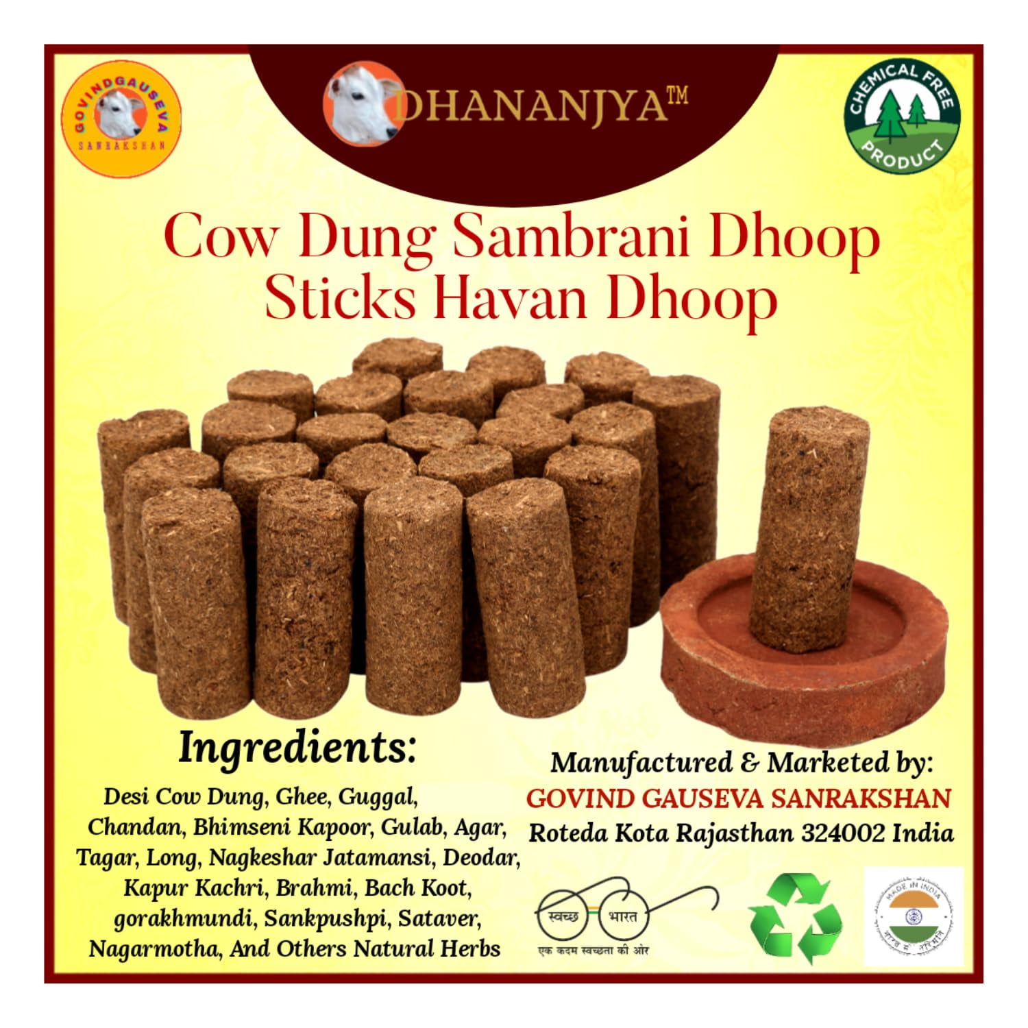 DHANANJYA Natural Cow Dung Sambrani Dhoop Sticks Havan Dhoop Batti Organic Incense Sticks 24 ...