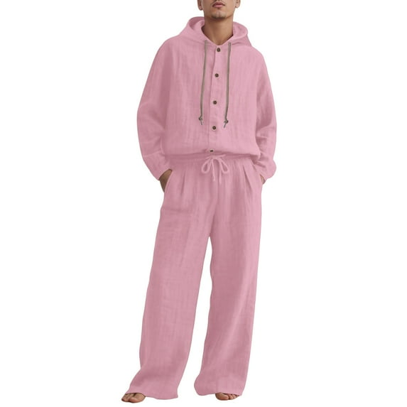 DHFJKG 2 Piece Sets Mens Hoodies Linen Loose Fit Long Sleeve Button ...