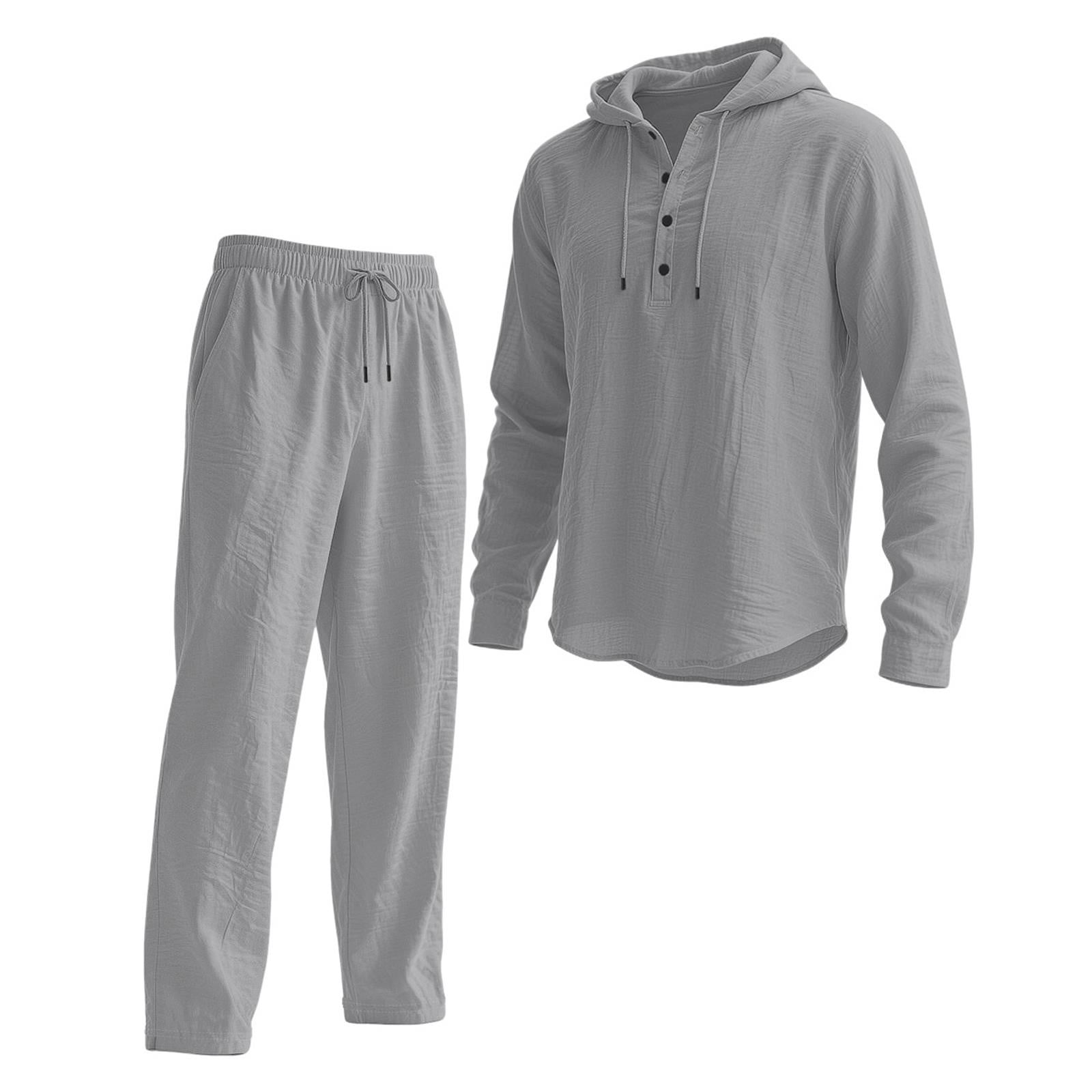DHFJKG 2 Piece Sweatsuit For Men Linen Casual Suit Solid Color Hooded ...