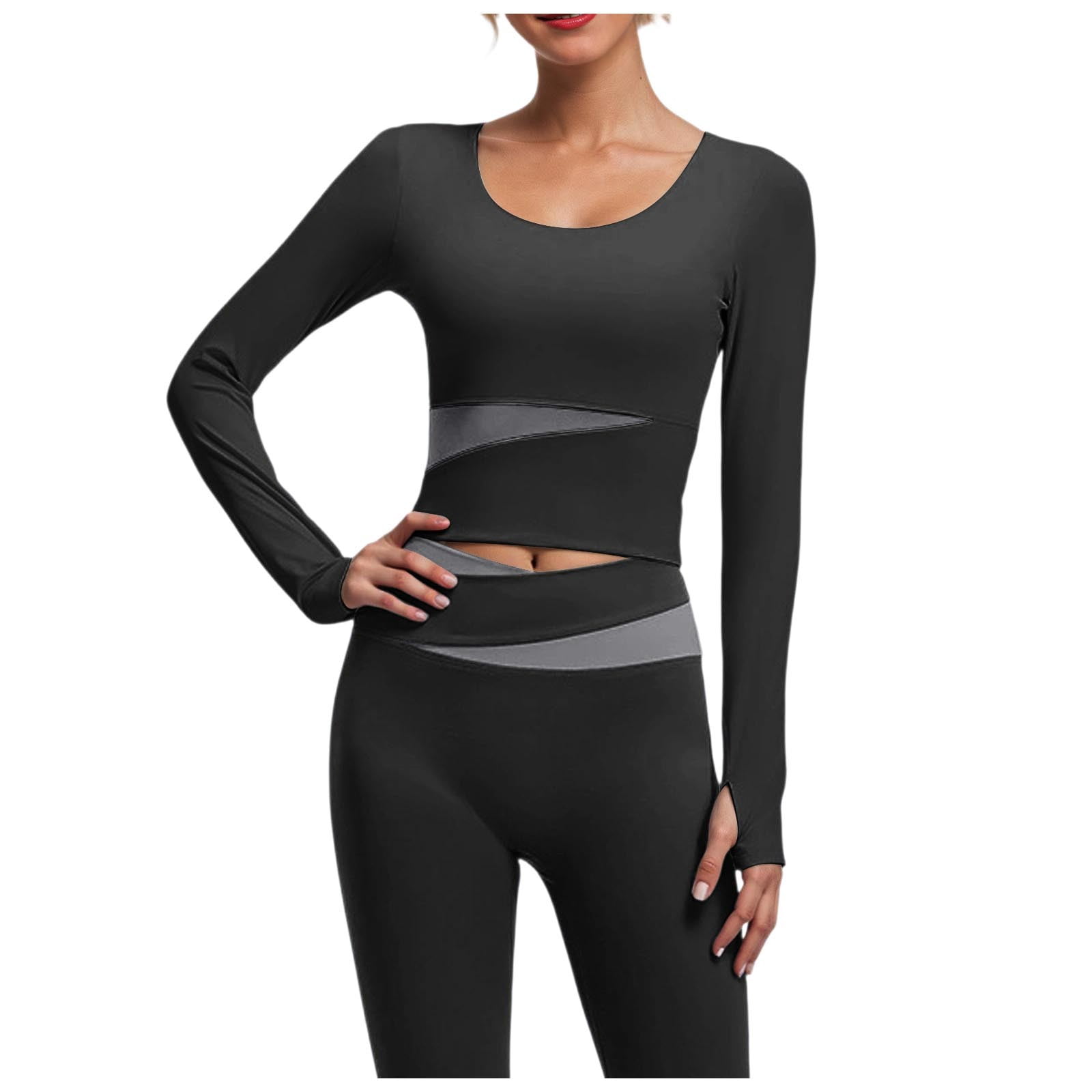 DHFJKG 2 Piece Workout Set For Women Long Sleeve Yoga Seamless Leggings ...