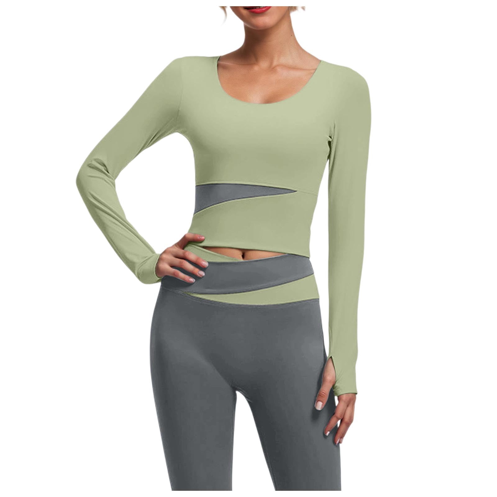 DHFJKG 2 Piece Workout Set For Women Long Sleeve Yoga Seamless Leggings ...