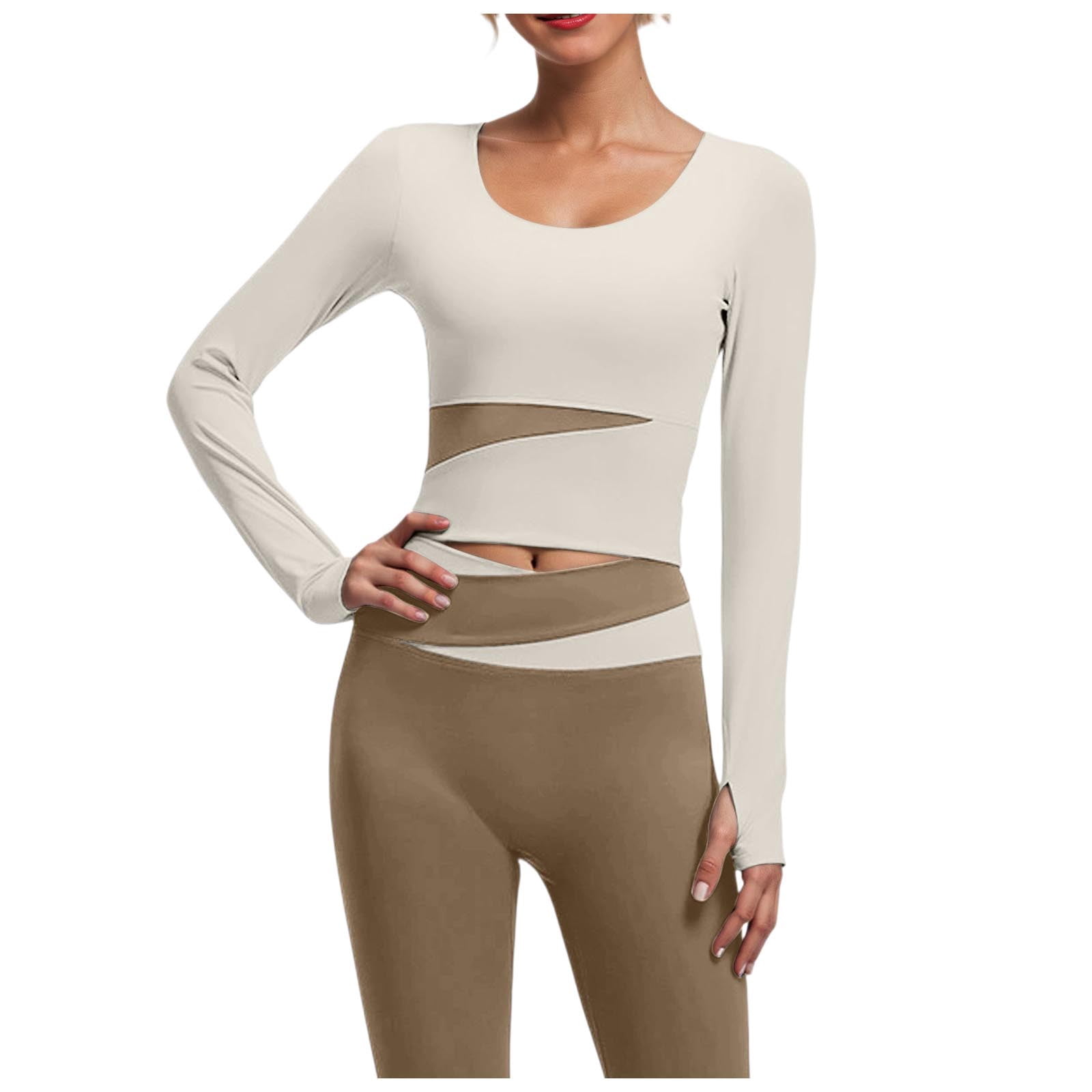 DHFJKG 2 Piece Workout Set For Women Long Sleeve Yoga Seamless Leggings ...
