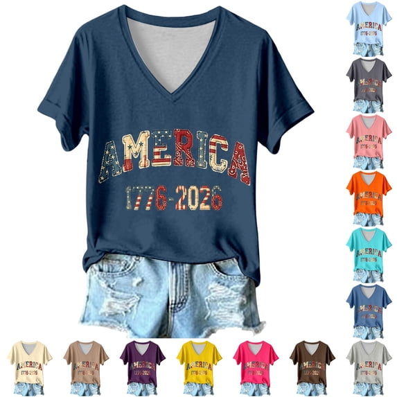 DHFJKG 250Th Anniversary USA Shirts For Women V Neck Short Sleeve ...