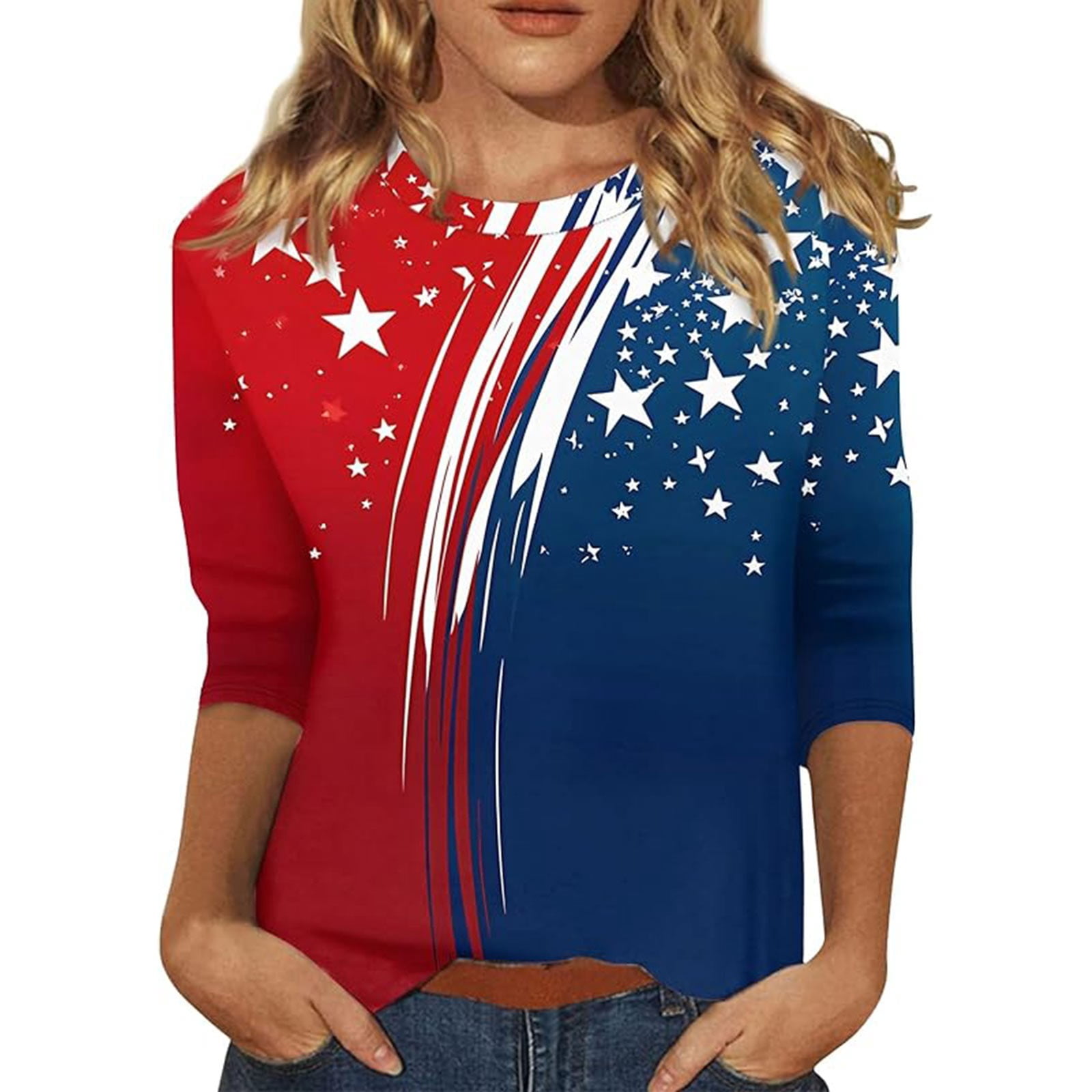 DHFJKG 3/4 Sleeve T Shirts For Women Round Neck American Flag Print ...