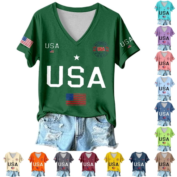 DHFJKG 4Th Of July Shirts For Women V Neck Short Sleeve Letter Graphic ...