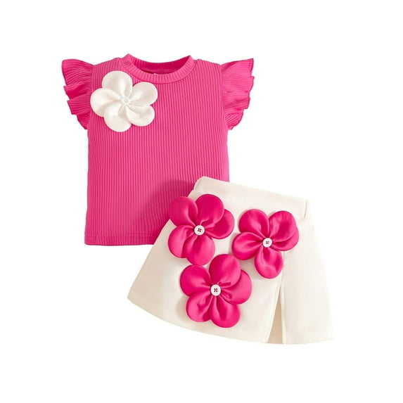 DHFJKG Baby Girl Clothes 2 Piece Sets Ruffle Sleeve Ribbed Tee Floral ...