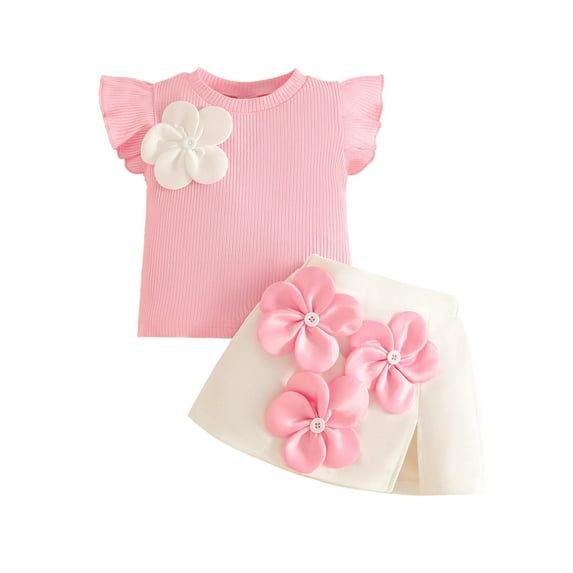 DHFJKG Baby Girl Clothes 2 Piece Sets Ruffle Sleeve Ribbed Tee Floral ...